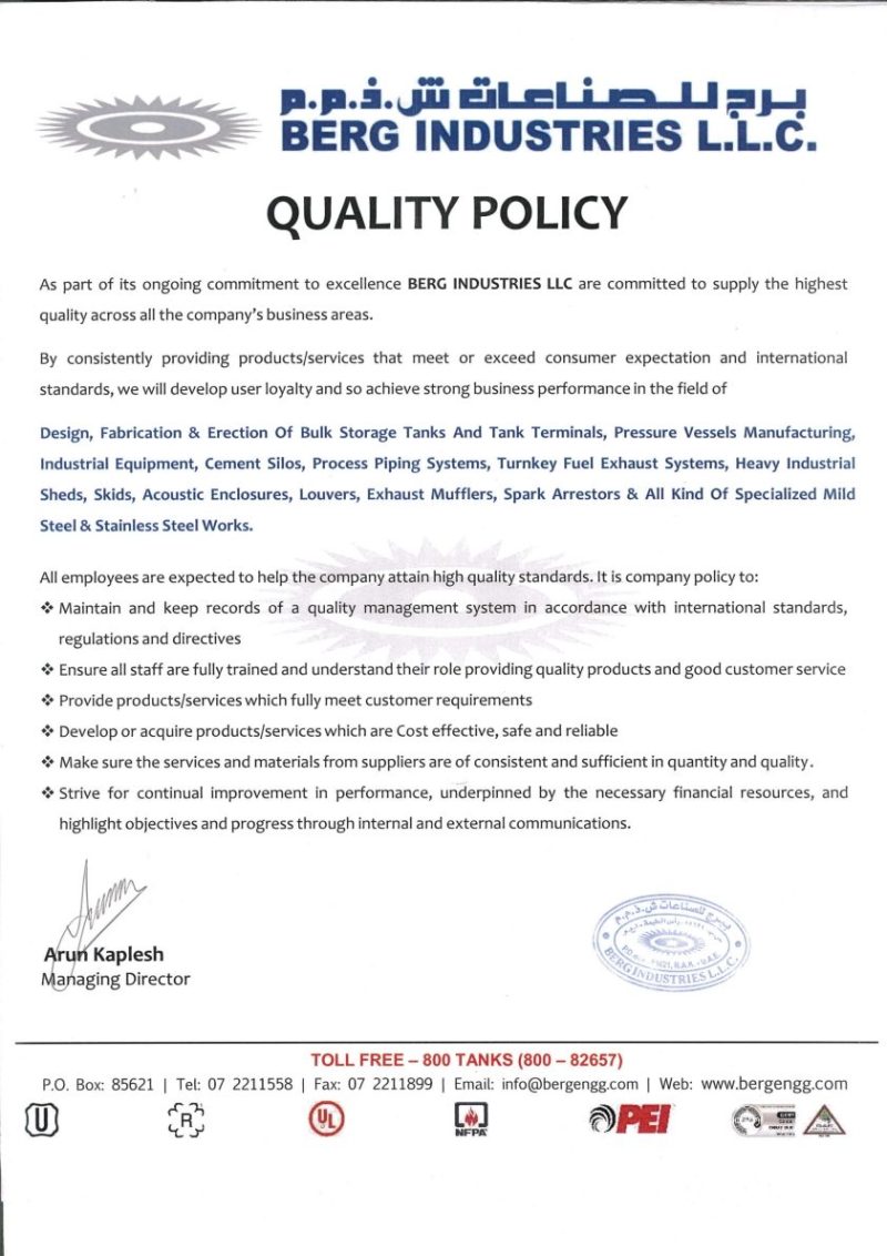 BERG Industries HSE & Quality Policy for Safer Workplaces